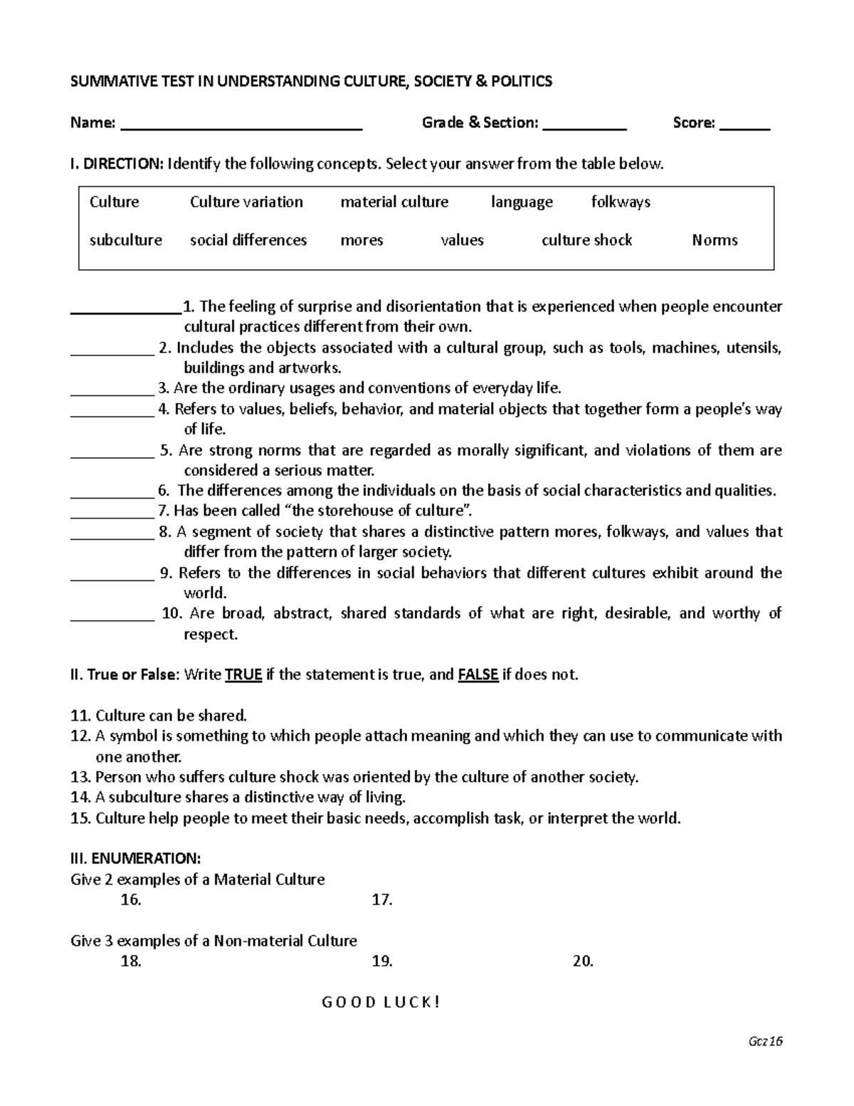 1st Summative TEST IN Understanding Culture - SUMMATIVE TEST IN ...