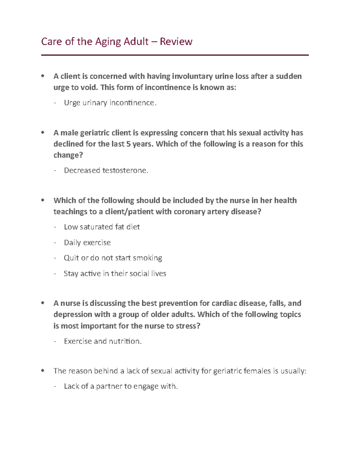 Care of the Aging Adult Review Term 1 - Care of the Aging Adult ...