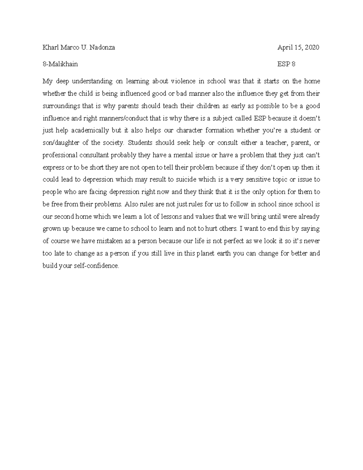 ESP Reflective Journal - Kharl Marco U. Nadonza April 15, 2020 8 ...