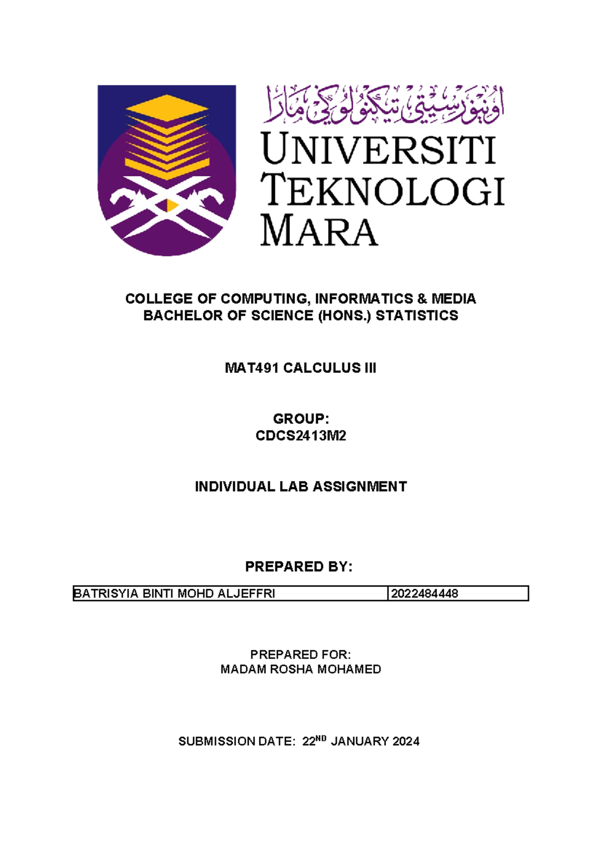 Final Lab Assignment - COLLEGE OF COMPUTING, INFORMATICS & MEDIA BACHELOR OF SCIENCE (HONS ...