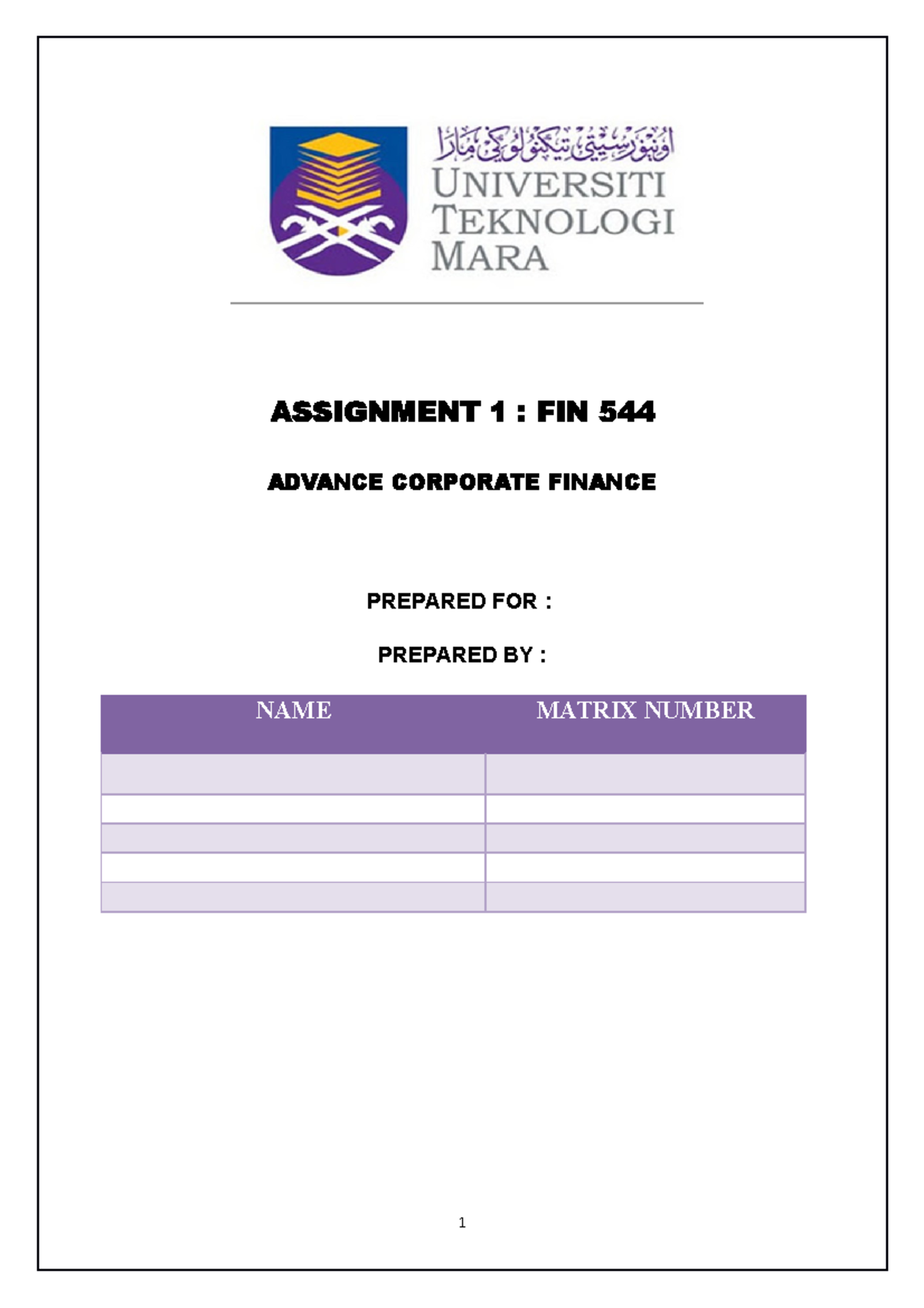 Assignment FIN544 - ASSIGNMENT 1 : FIN 544 ADVANCE CORPORATE FINANCE ...