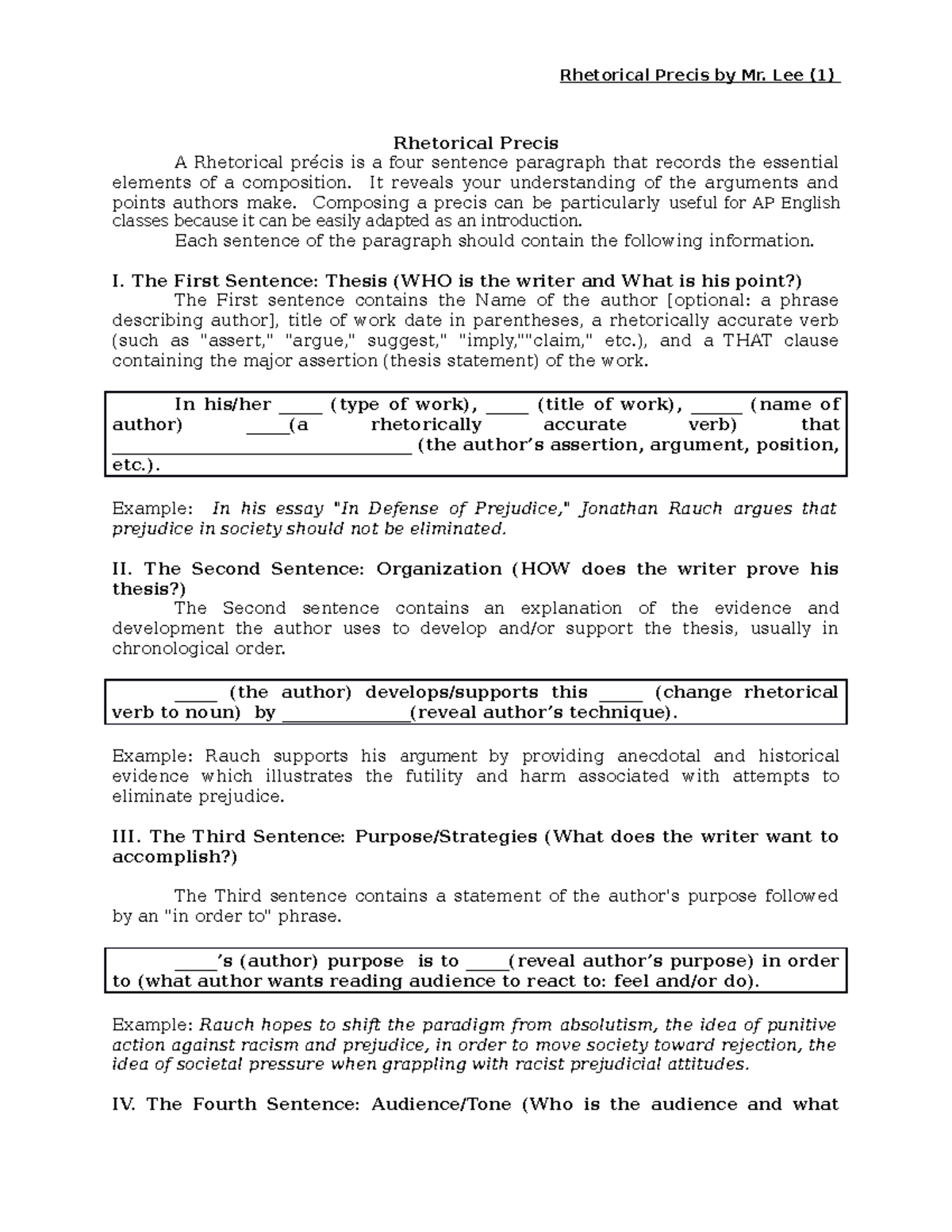 Rhetorical précis by Mr. Lee - Rhetorical Precis by Mr. Lee ( 1 ...