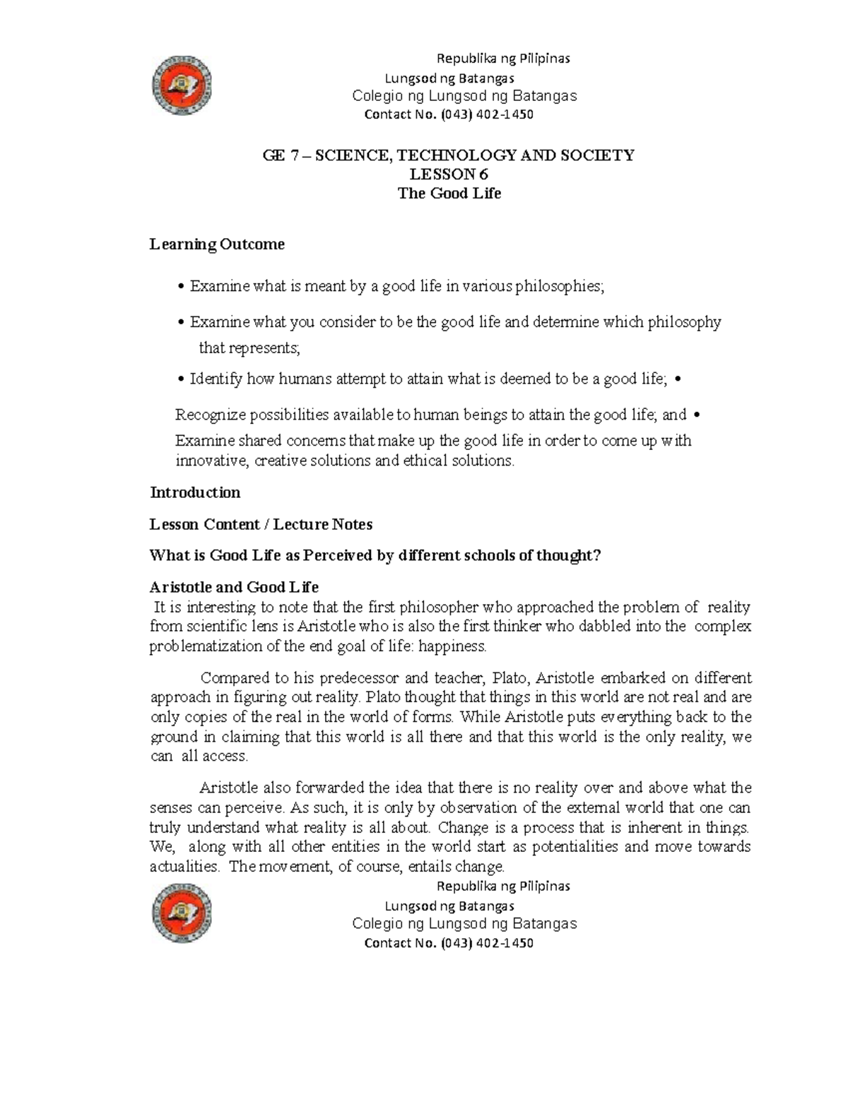 GE 7-Lesson 6 - Aristotle and Good Life It is interesting to note that ...
