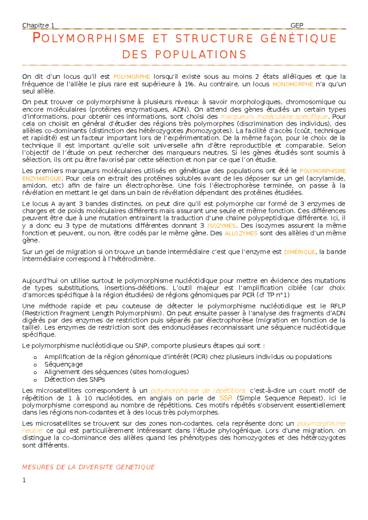 1 - Polymorphisme et structure génétique des populations - Chapitre 1 ...
