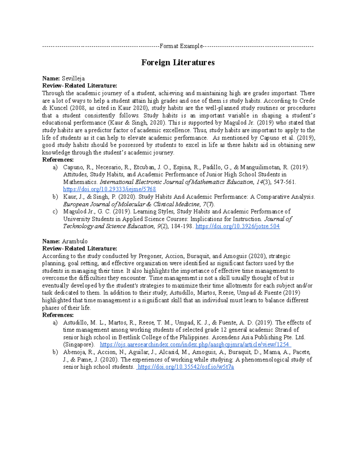 Format Example - fdsfssfsf -Format Example- Foreign Literatures Name ...