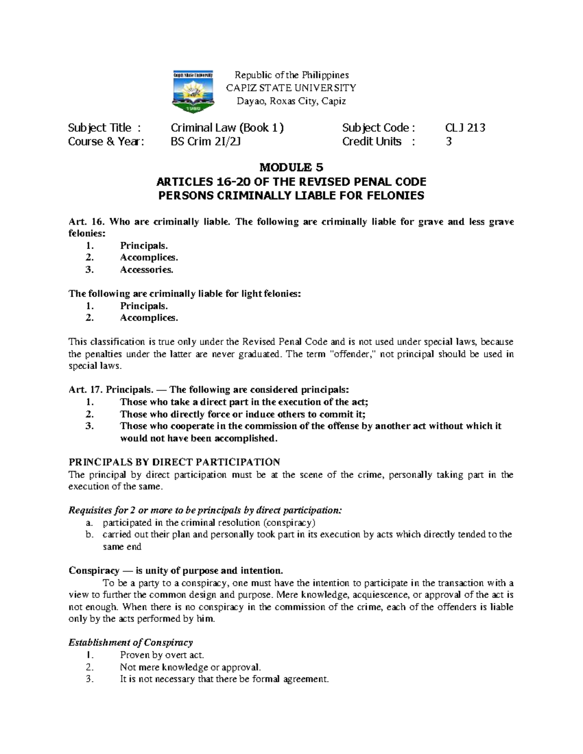 Module 5 - Article 16-20 of the RPC - Republic of the Philippines CAPIZ ...