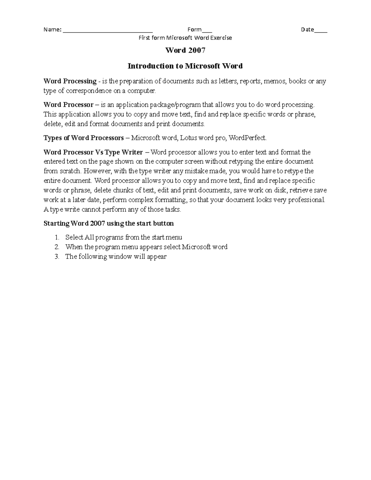 Introduction to Microsoft Word First Form - First form Microsoft Word ...