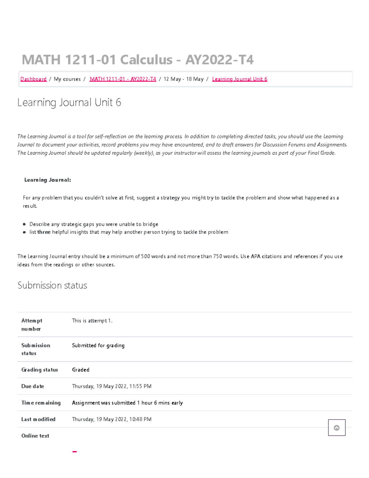 MATH 1211-01 - AY2022-T4 Learning Journal Unit 6 - MATH 1211-01 Calculus - AY2022-T Learning ...