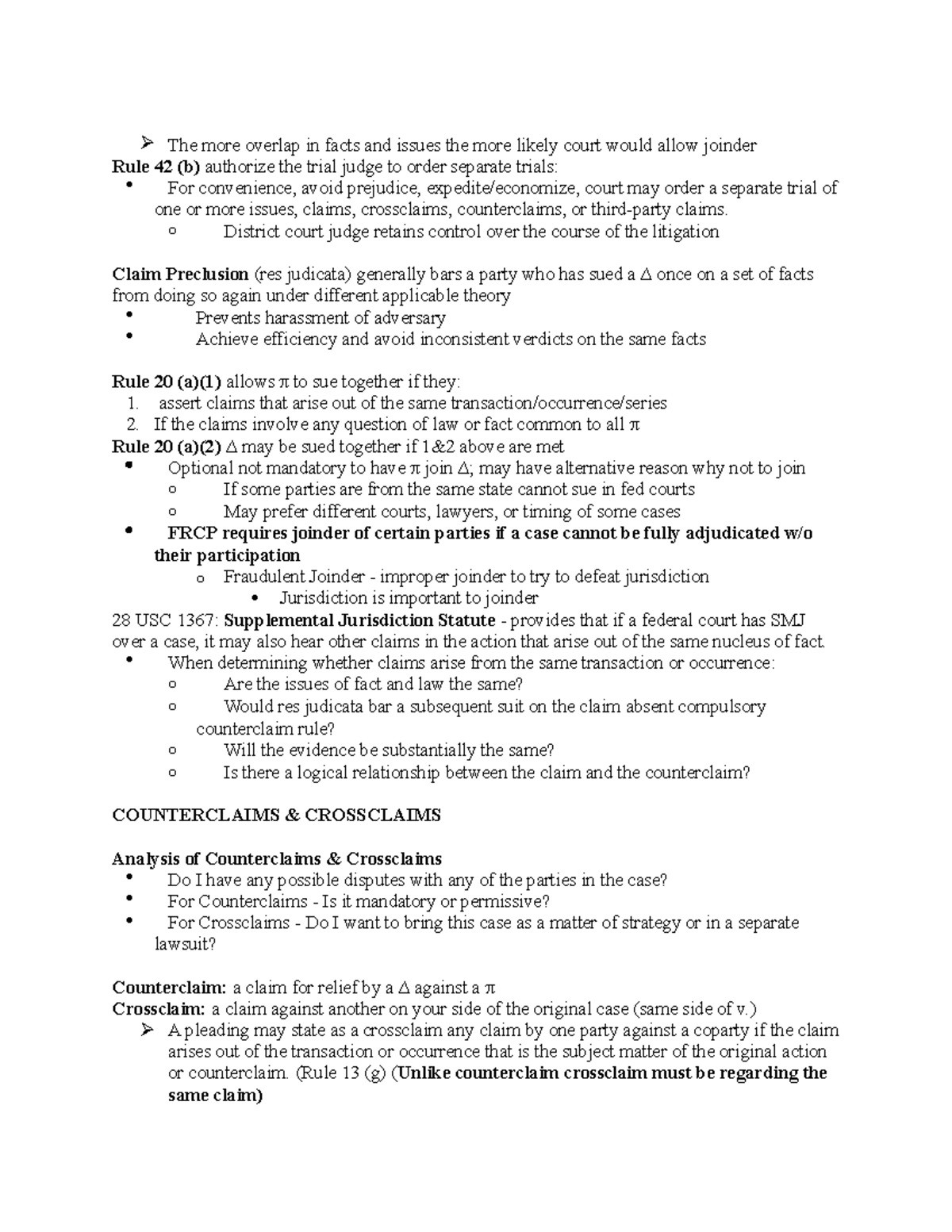 Civil Procedure Law Outline - 2 - The more overlap in facts and issues ...