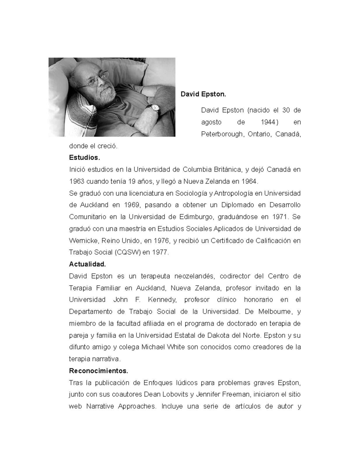 David Epston- Escuelas y pensamientos de la psicología - David Epston ...