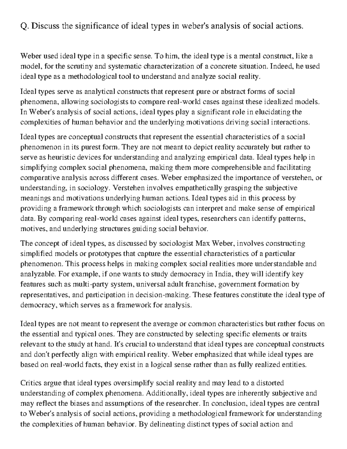 Max Weber- ideal types - Q. Discuss the significance of ideal types in ...