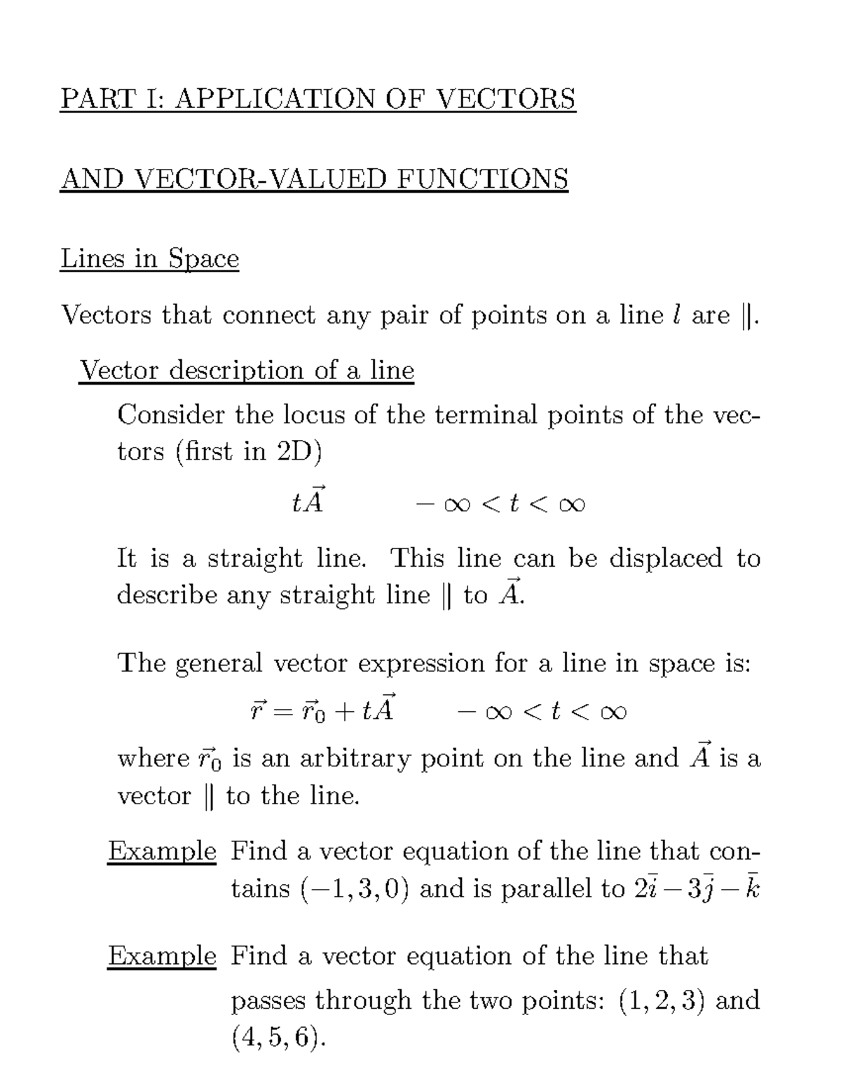 W1 - HKUST MATH 2023 - PART I: APPLICATION OF VECTORS AND VECTOR-VALUED FUNCTIONS Lines in Space ...