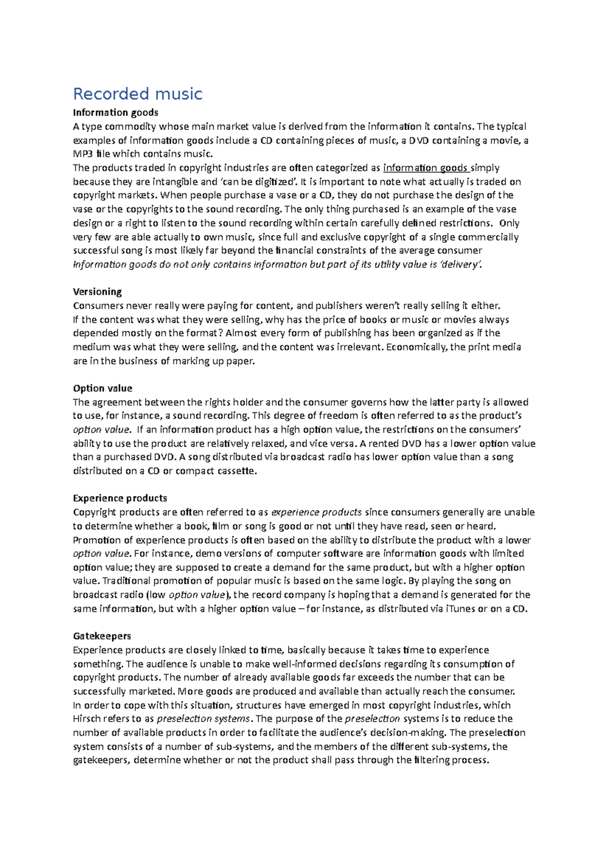 Summary Music Industry & Auteursrecht - Recorded music Information ...