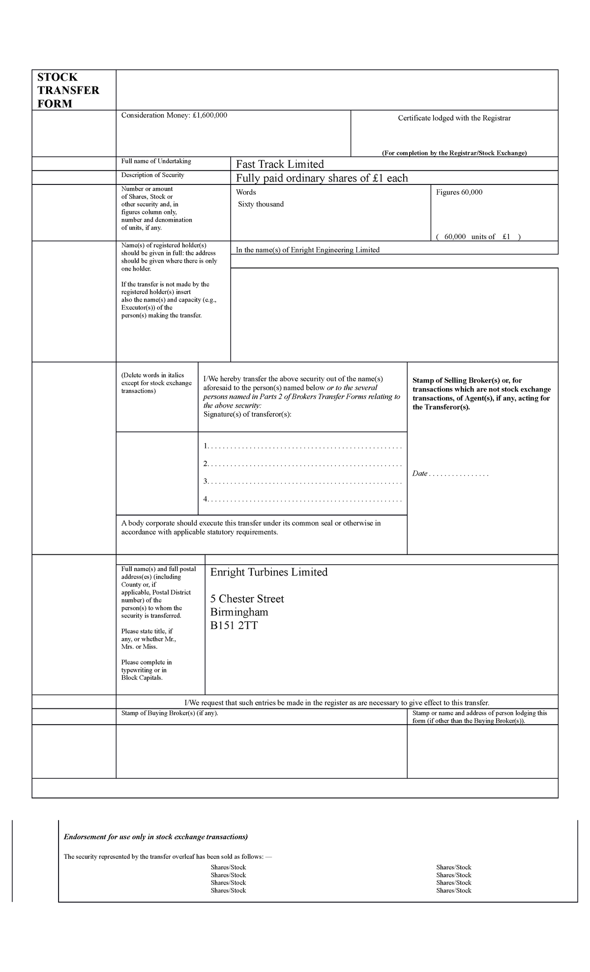 Stock Transfer Form - n/a - STOCK TRANSFER FORM Consideration Money: £ ...