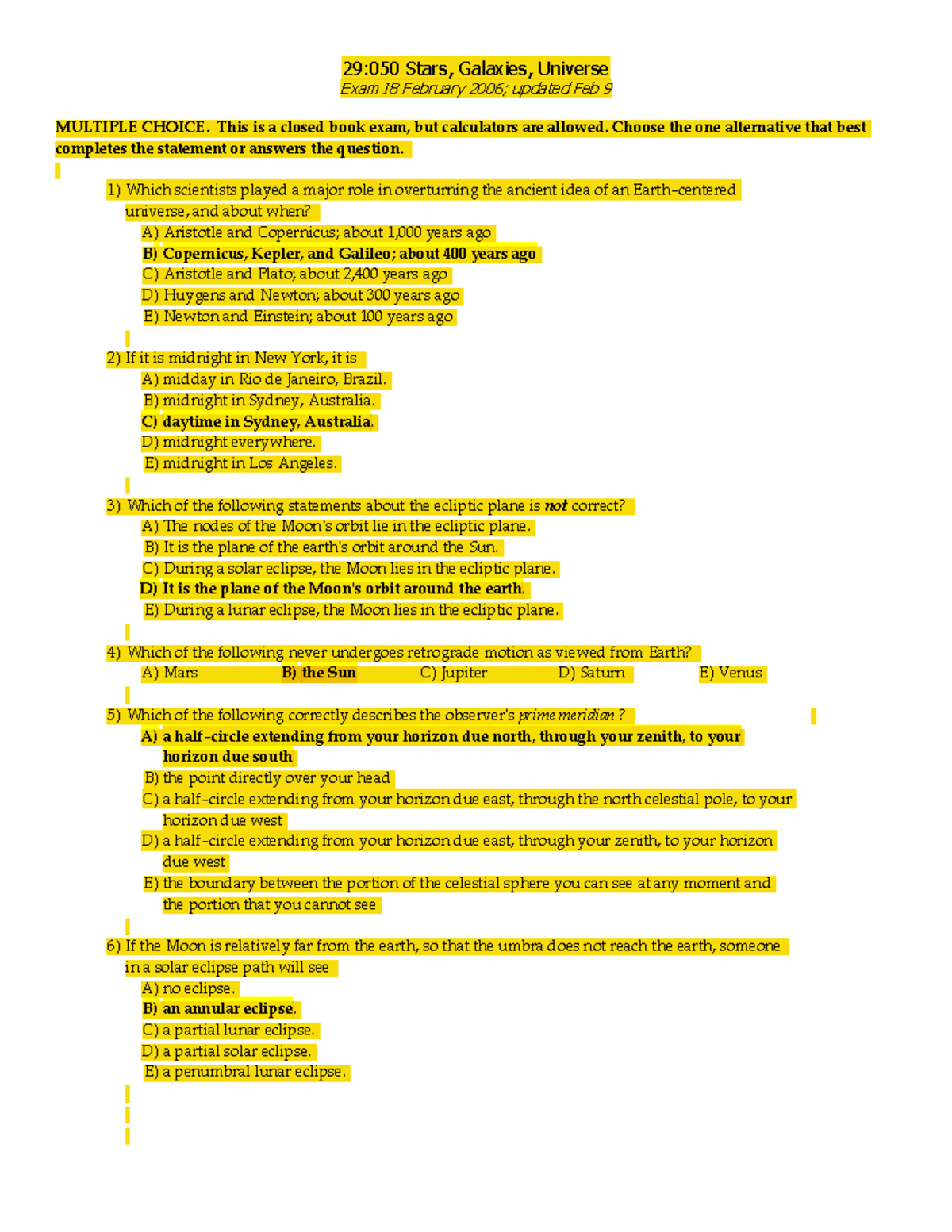 Exam1-feb 8-key - Lecture notes 5 - 29:050 Stars, Galaxies, Universe ...