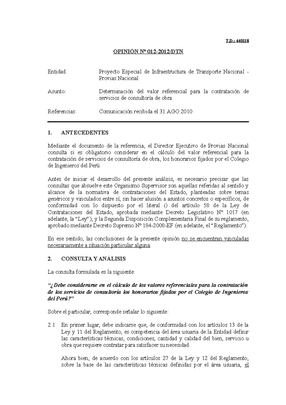 012-12 - PRE - Provias NAC - T.: 440118 OPINIÓN Nº 012-2012/DTN Entidad ...