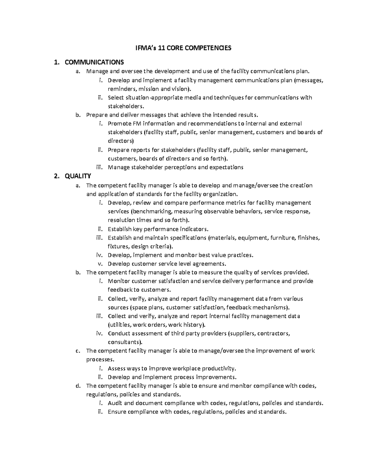 Ifmas 11 core competencies - Facilities management - UiTM - Studocu