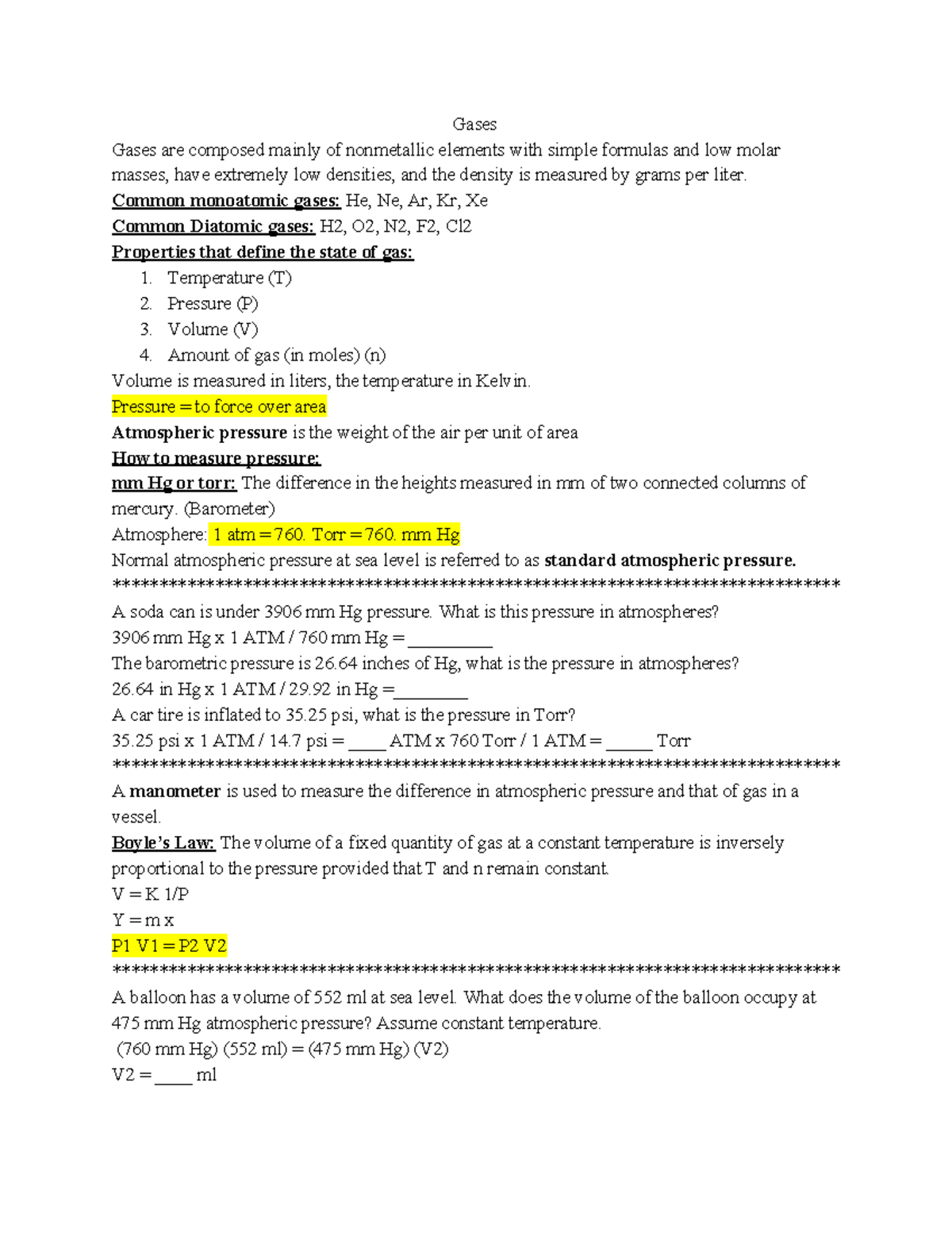 Intro Chem II Gases - Lecture notes 1-4 - Gases Gases are composed ...