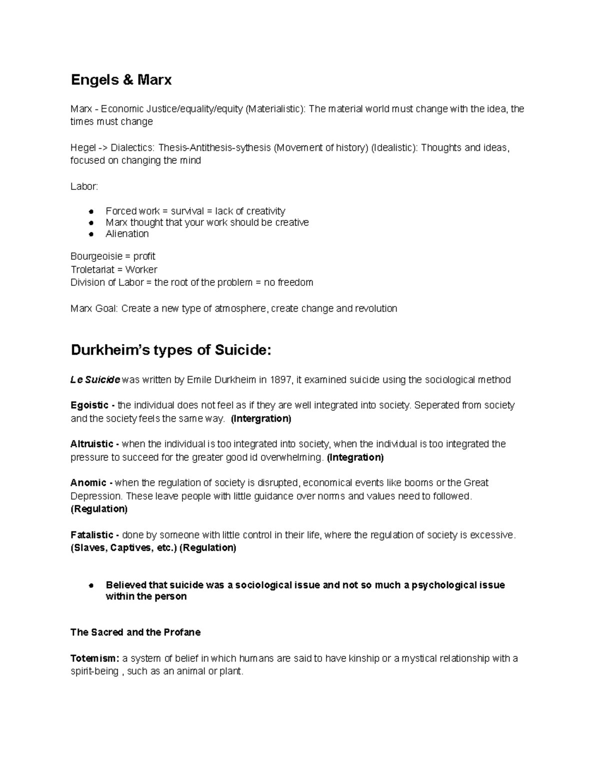 Sociological Theory Notes 1 - Engels & Marx Marx - Economic Justice ...