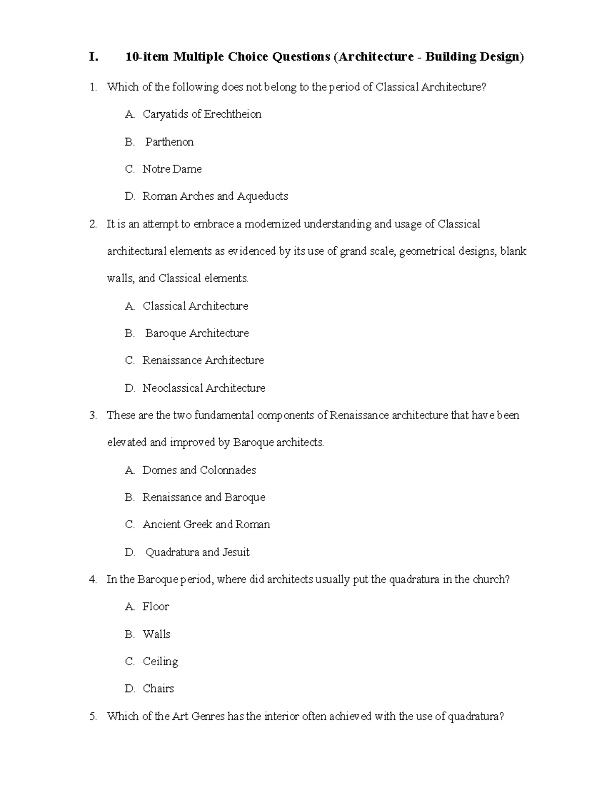 10 Question Quiz (Architecture) 1 - I. 10-item Multiple Choice ...