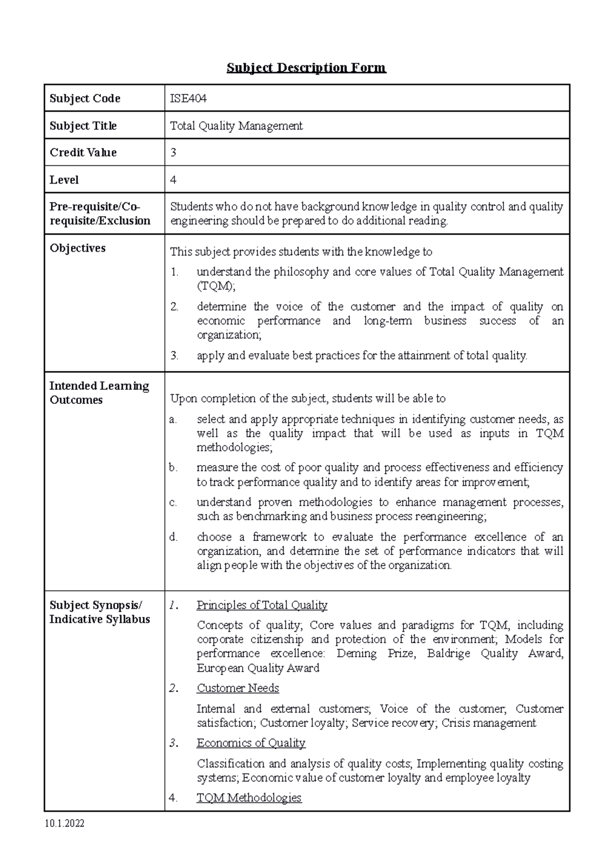 ISE404 - other - Subject Description Form Subject Code ISE Subject ...