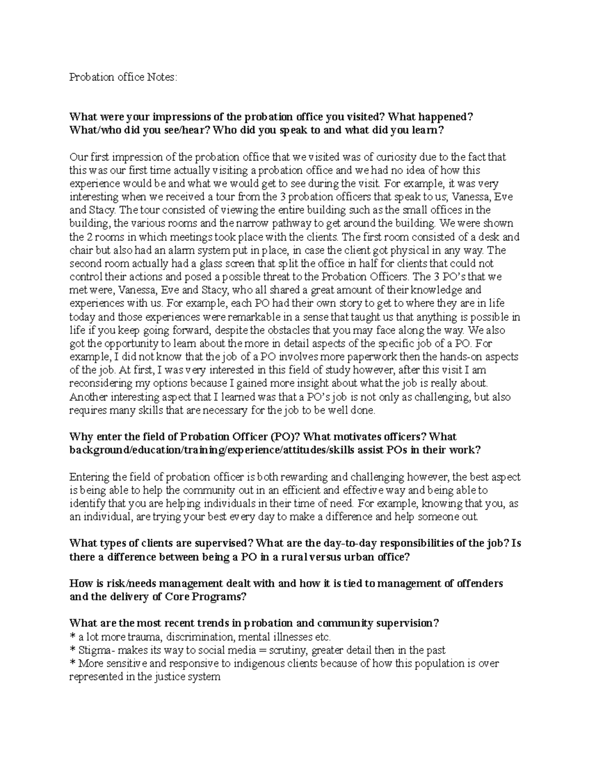 Probation office Notes - Probation office Notes: What were your ...