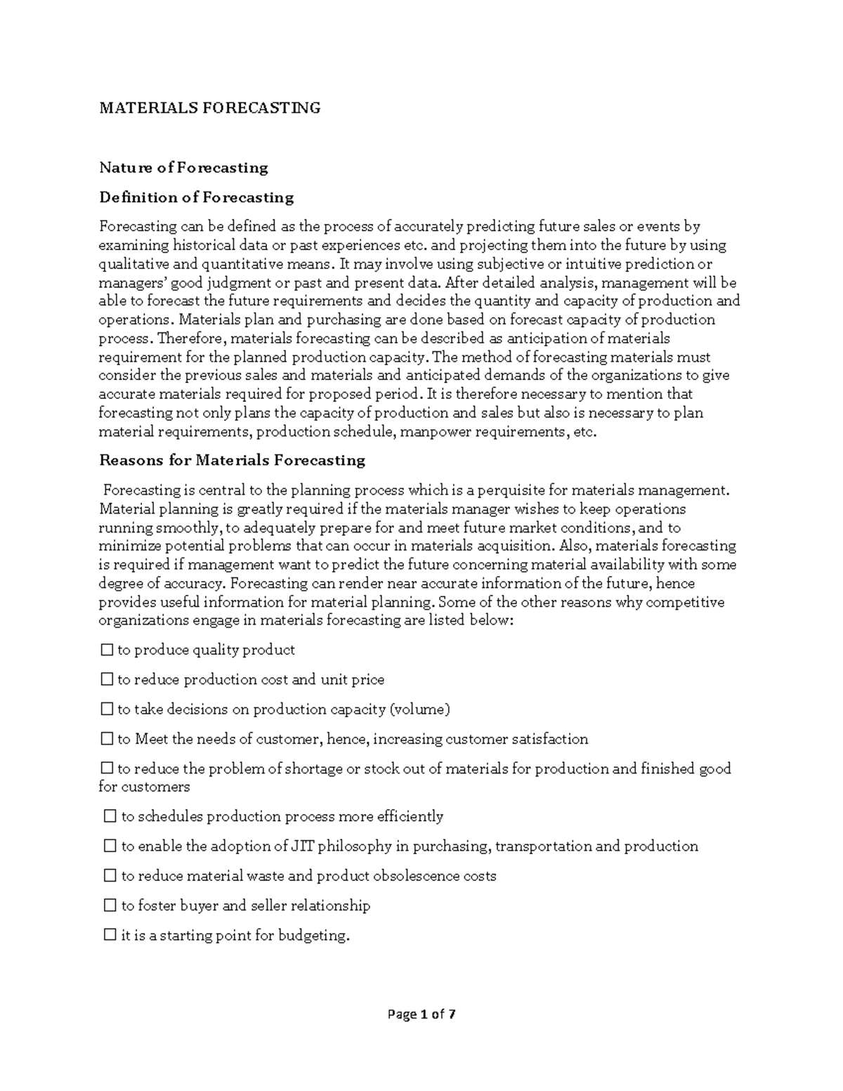 THE USE OF Forecasting TO Achieve Timely Deliveries OF Supplies ...