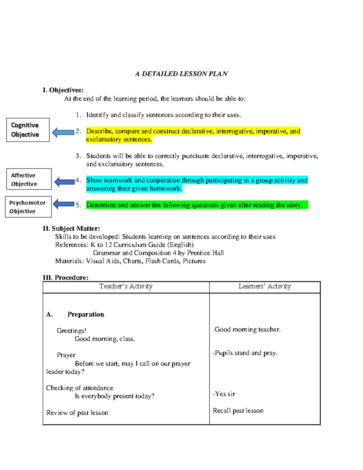 Critique Lesson PLAN - Helpful - A DETAILED LESSON PLAN I. Objectives ...