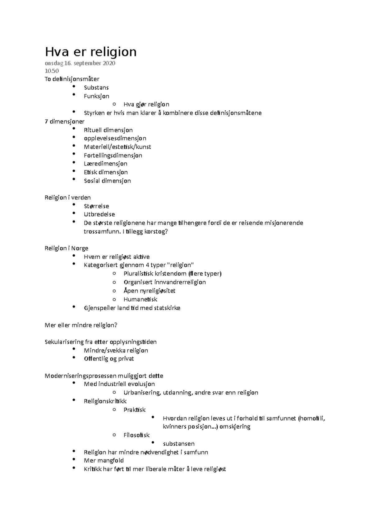 Sammendrag om religionskunnskap og kritikk - Hva er religion onsdag 16. september 2020 10. To ...