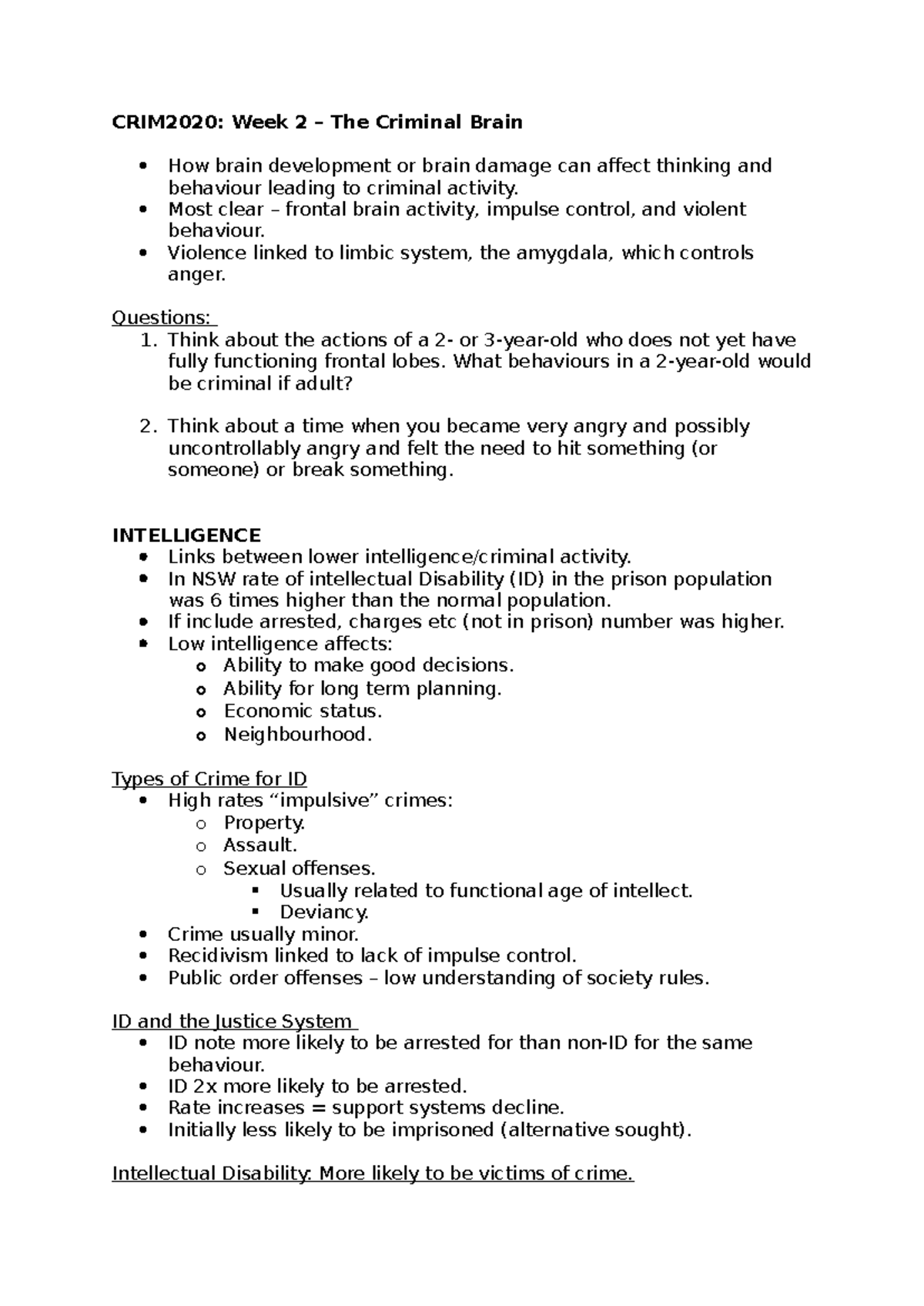 CRIM2020 - WEEK 2 - CRIM2020: Week 2 – The Criminal Brain How brain ...