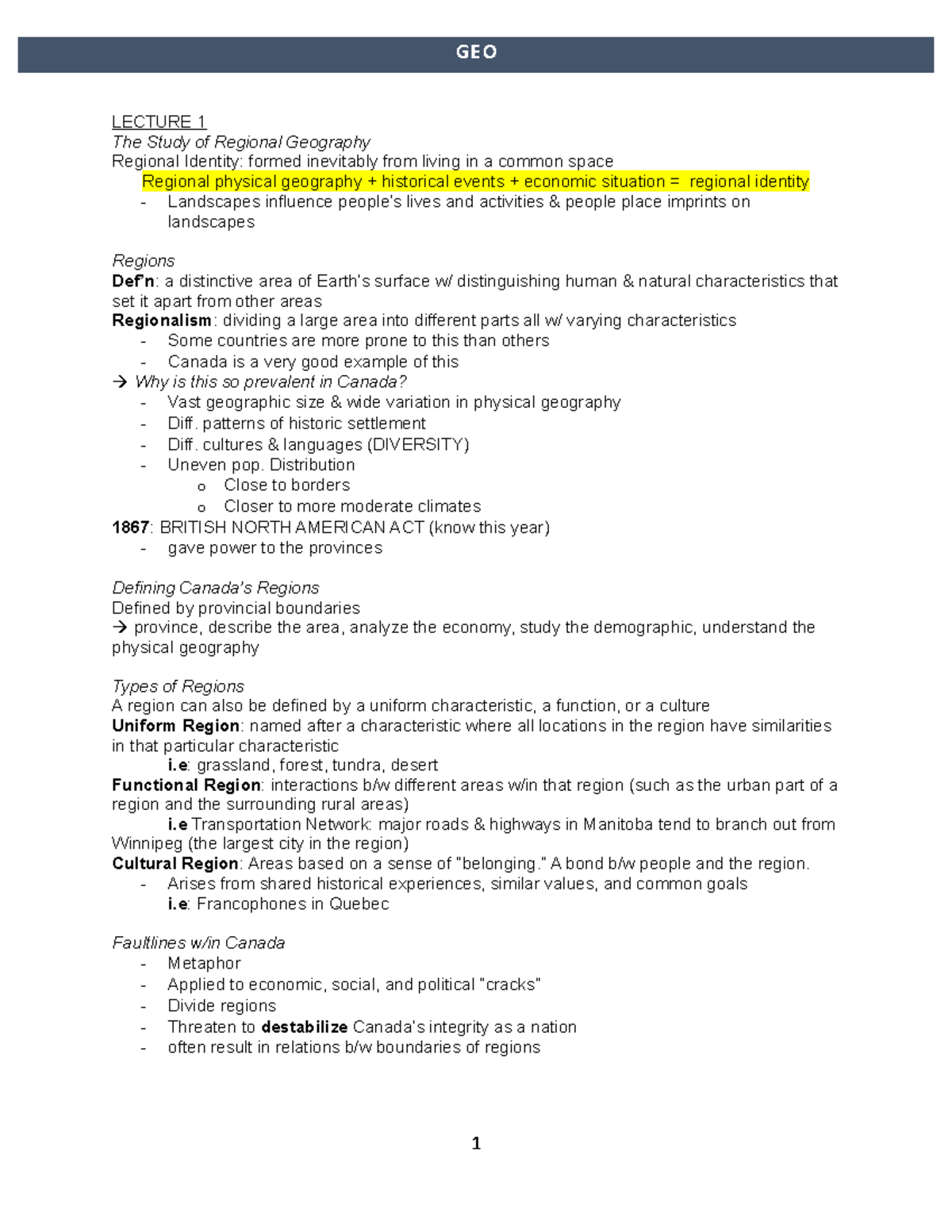 Geo 2010- Midterm Notes - LECTURE 1 The Study of Regional Geography ...
