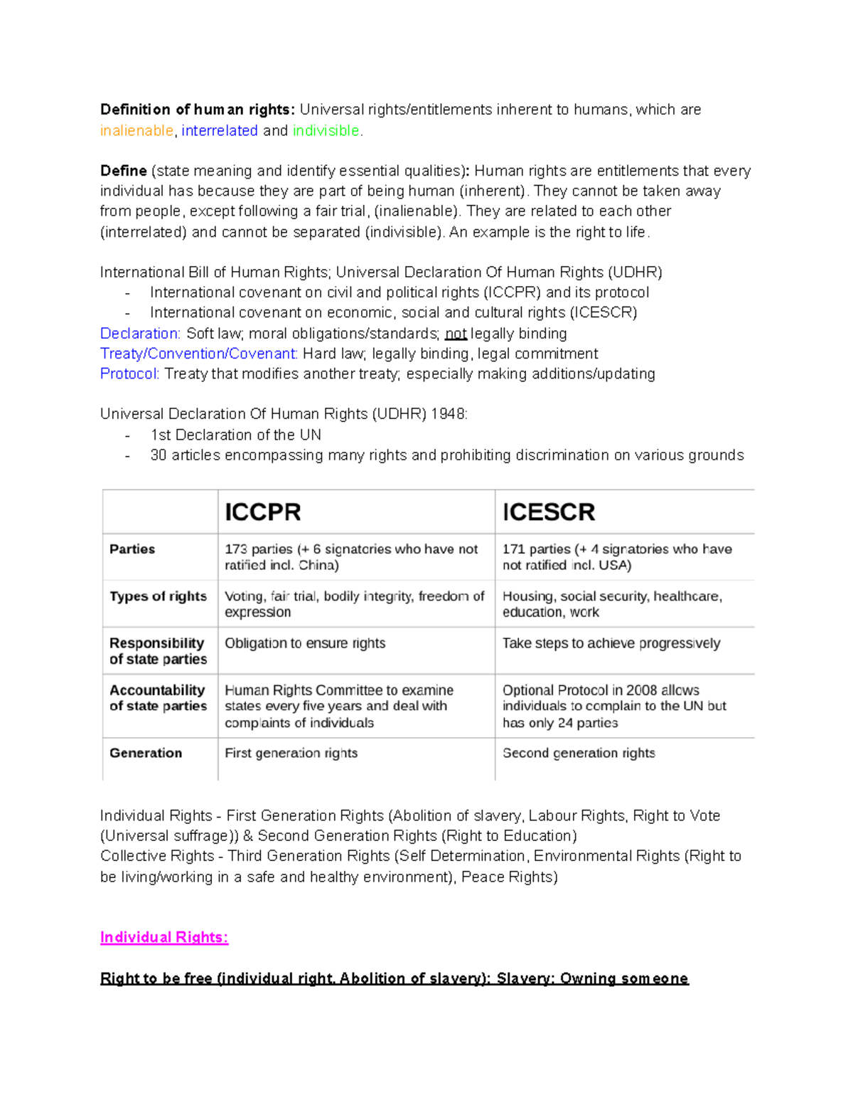 Legal - Human Rights Notes - Definition of human rights: Universal ...