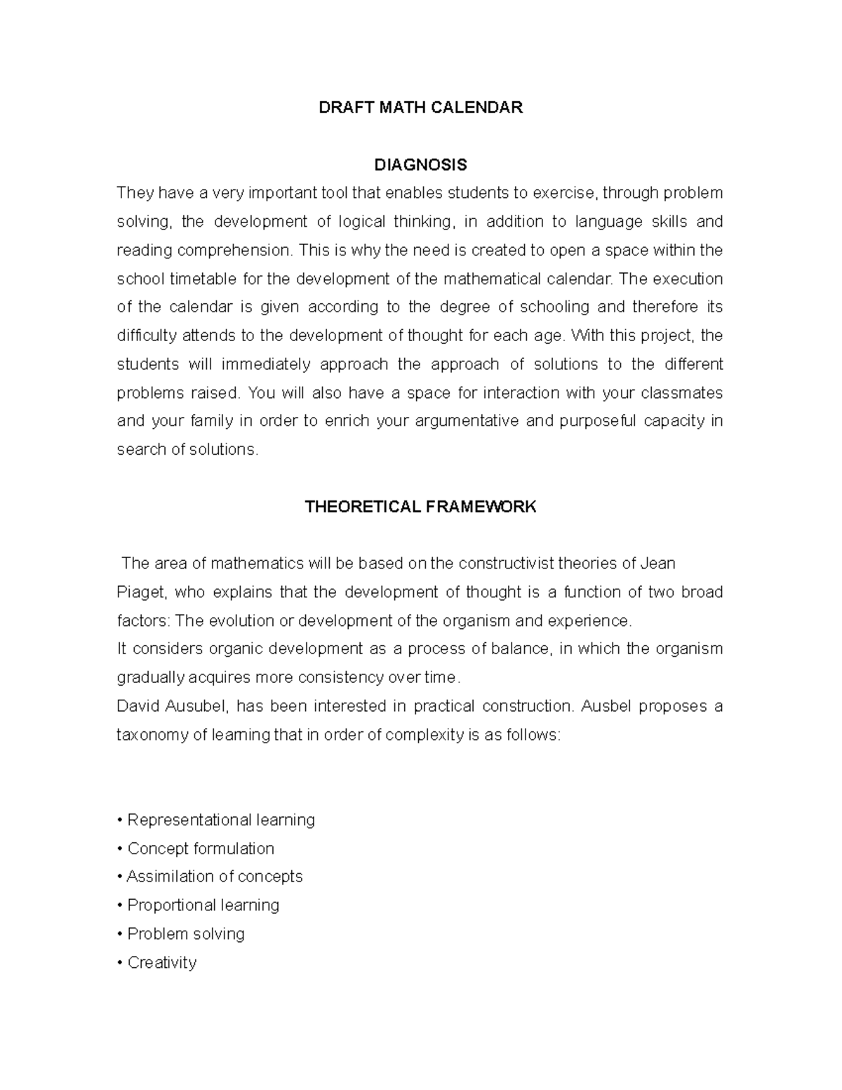 Draft MATH Calendar - DRAFT MATH CALENDAR DIAGNOSIS They have a very ...