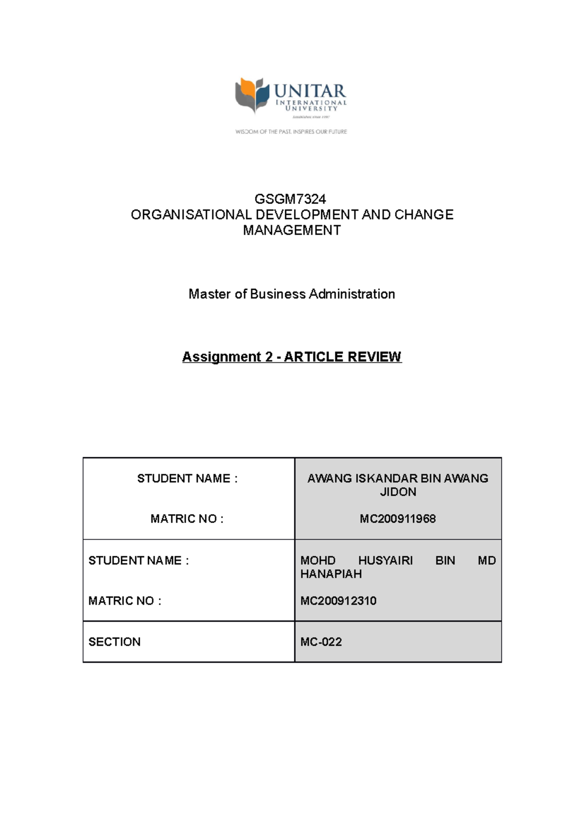 Assignment 2 - Article Review GSGM7324) - Awang Iskandar BIN Awang ...