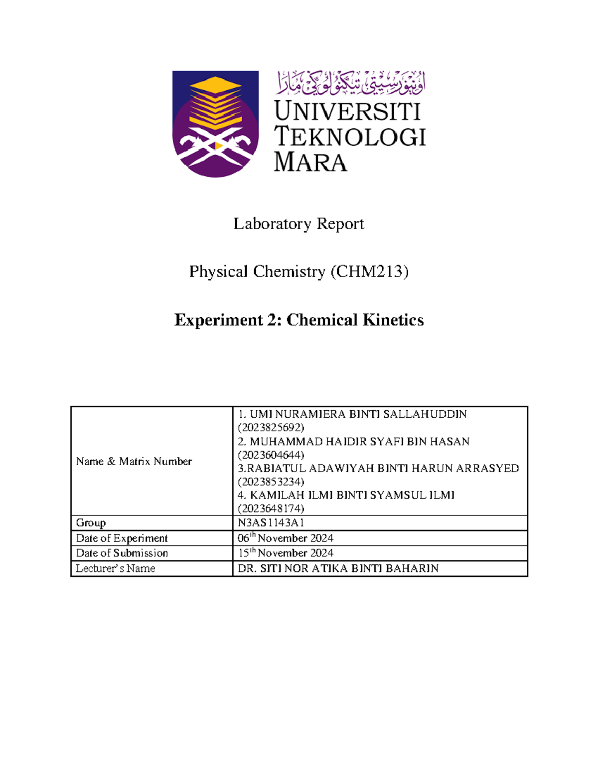 Experiment 2 CHM213 - lab report - Laboratory Report Physical Chemistry (CHM213) Experiment 2 ...