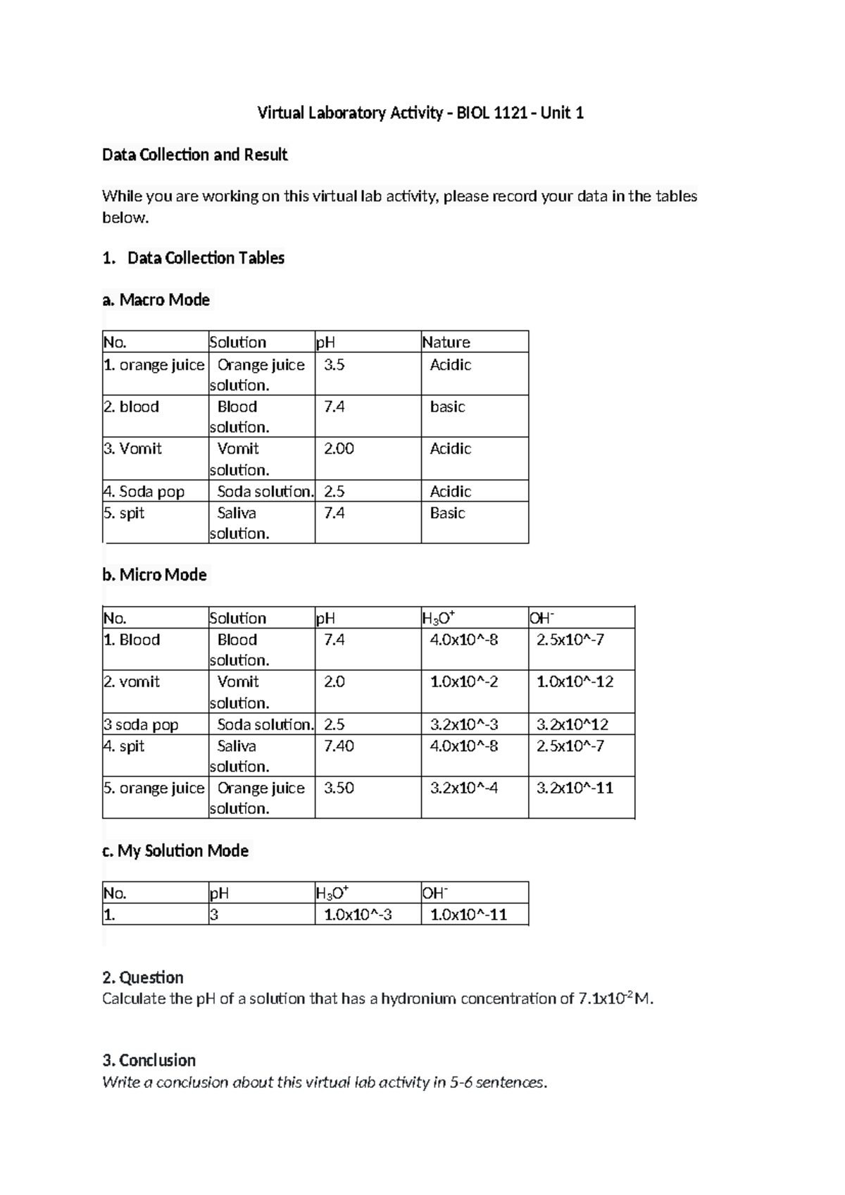 Experiment 1 - Data Collection and Result - Virtual Laboratory Activity - BIOL 1121 - Unit 1 ...