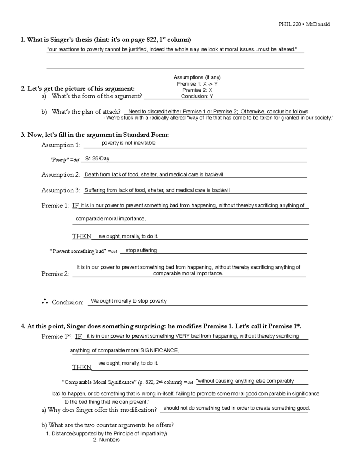 Singer worksheet - PHIL 220 • McDonald 1. What is Singer’s thesis (hint ...
