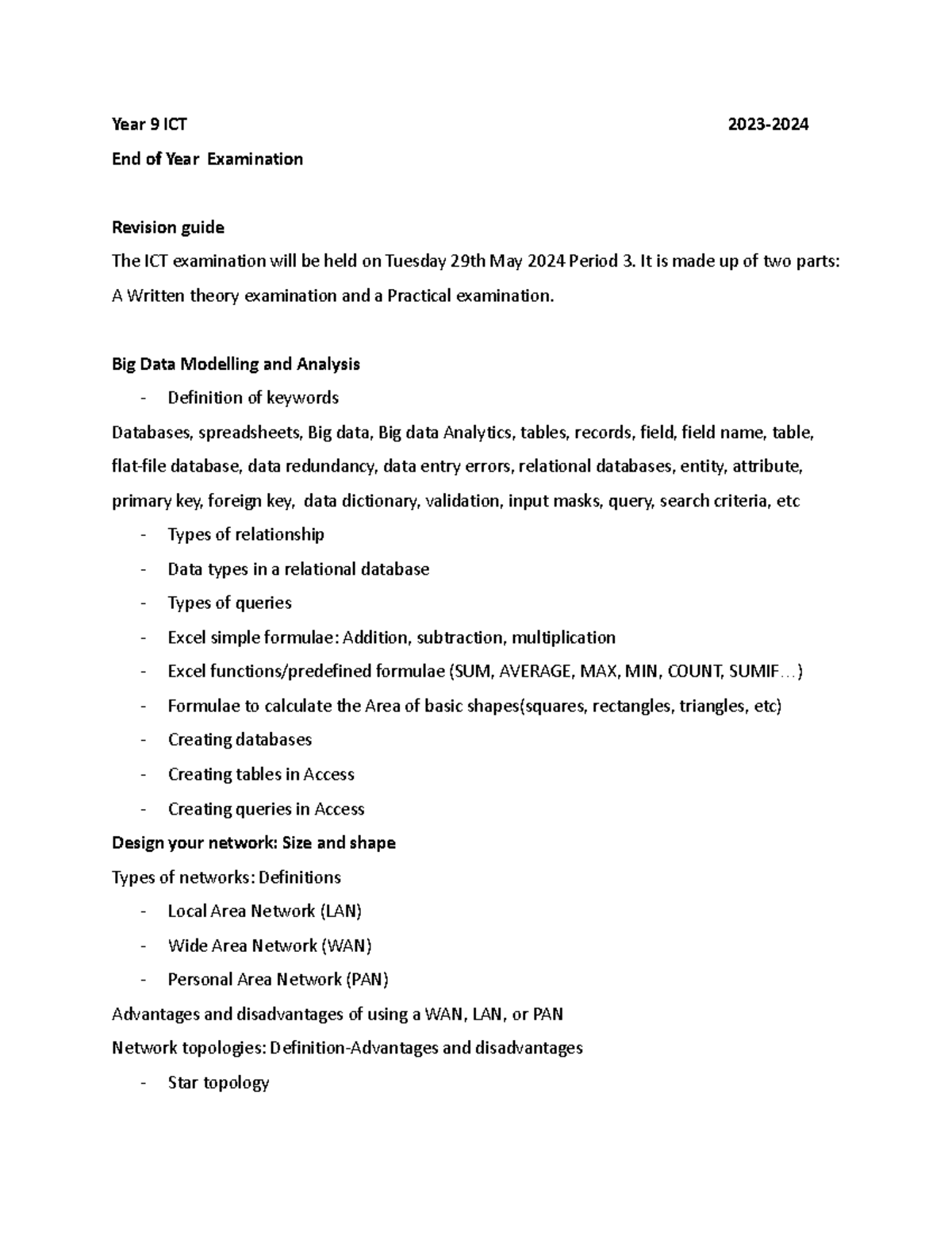 Revision Guide Y9 Eo Y Exam 23-24 - Year 9 ICT 2023- End of Year Examination Revision guide The ...
