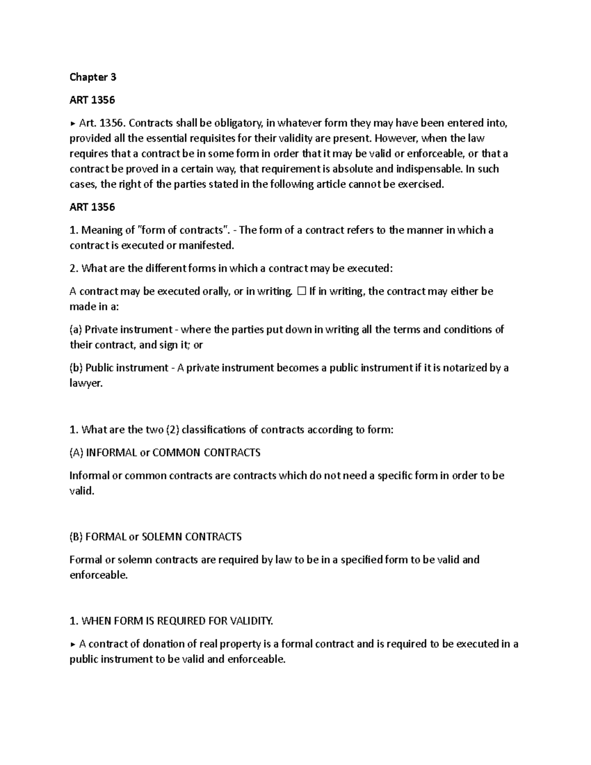 Oblicon rev - hhhh - Chapter 3 ART 1356 Art. 1356. Contracts shall be ...