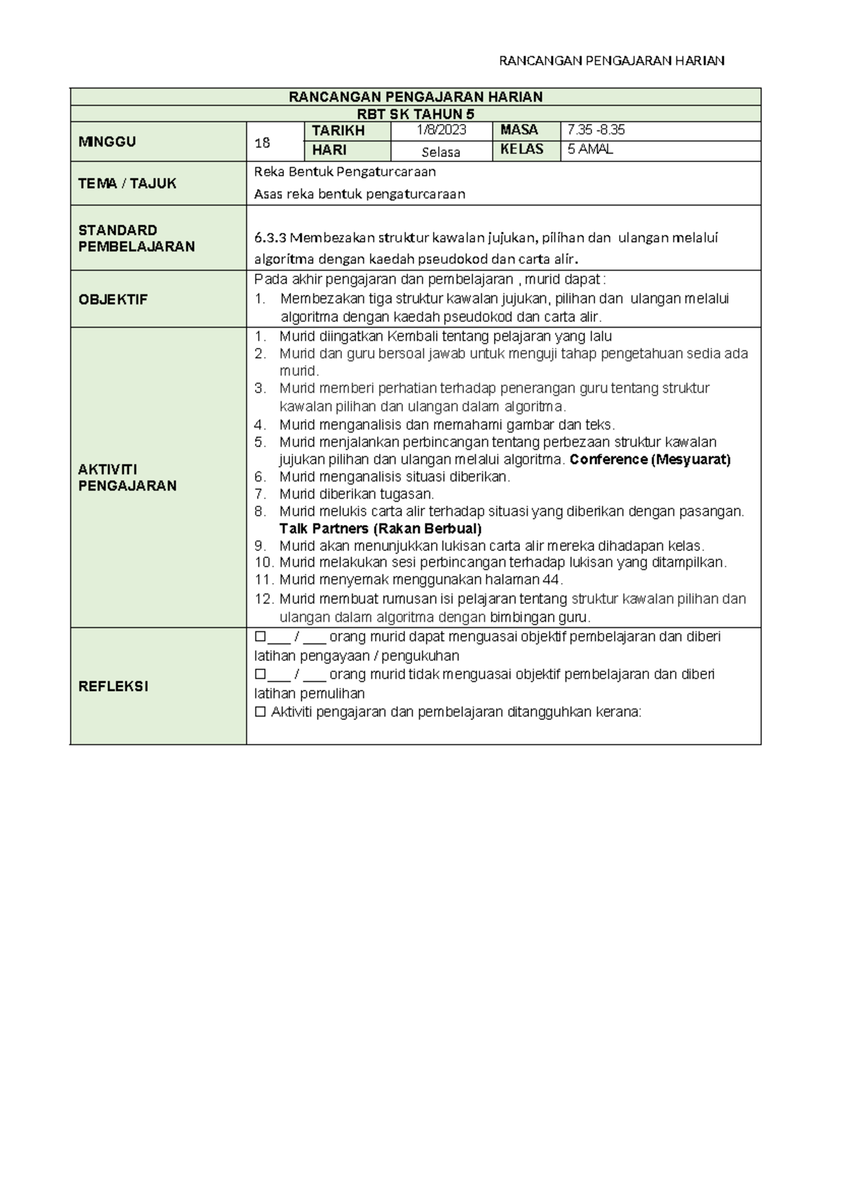 RPH Ringkas Minggu 19 BM SK THN 5 2023 BY Cikgu Gorgeous - RANCANGAN PENGAJARAN HARIAN RBT SK ...