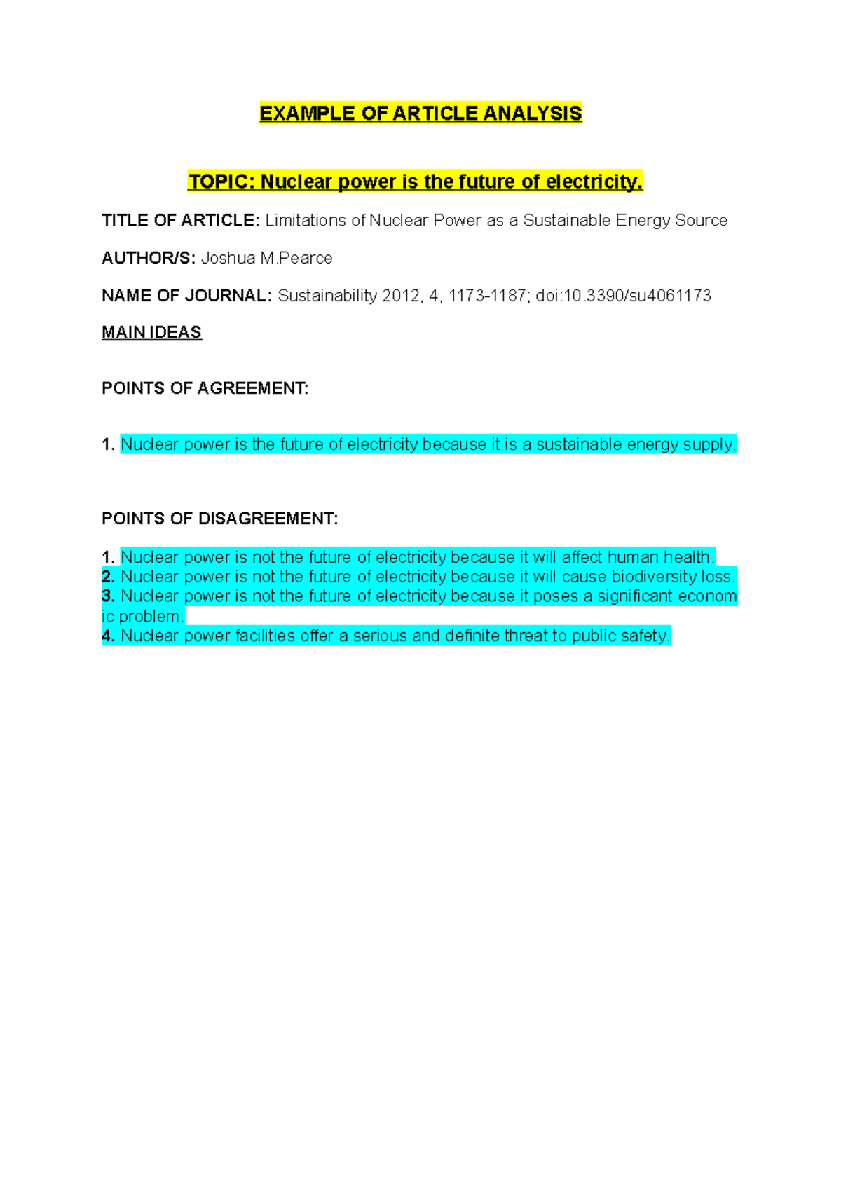 Example Article Outline 3 - EXAMPLE OF ARTICLE ANALYSIS TOPIC: Nuclear ...