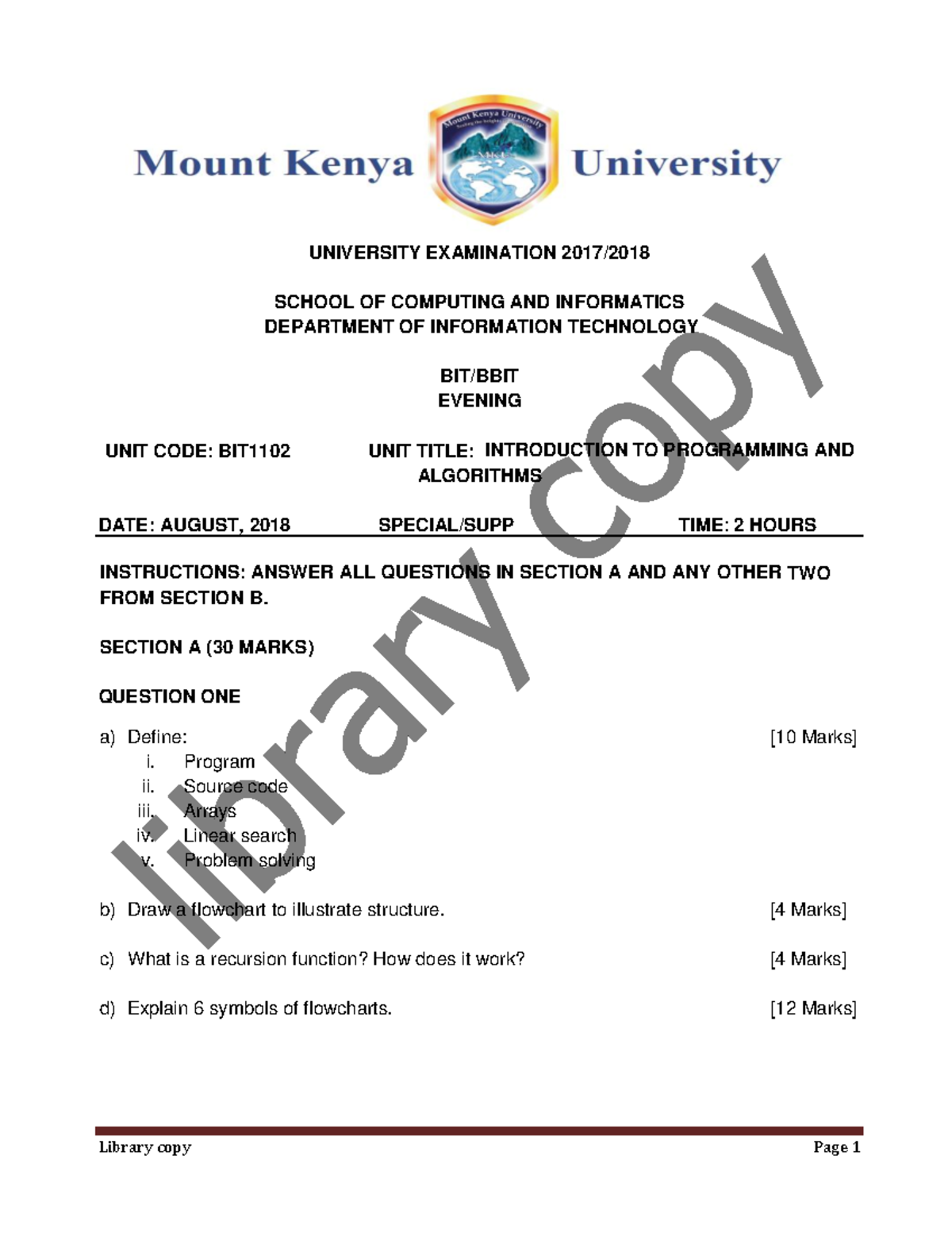 Bit1102 Introduction To Programming And Algorithms Eve Supp Library Copy Page 1 University