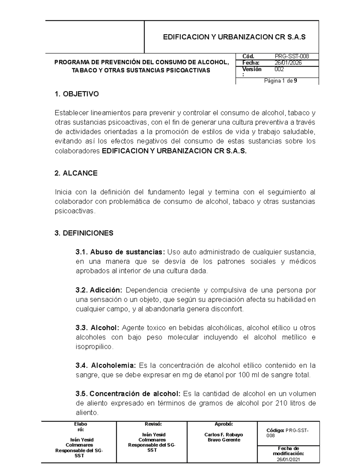 PRG-SST-008 Programa de Prevención del Consumo de Alcohol, Tabaco y otras Sustancias ...
