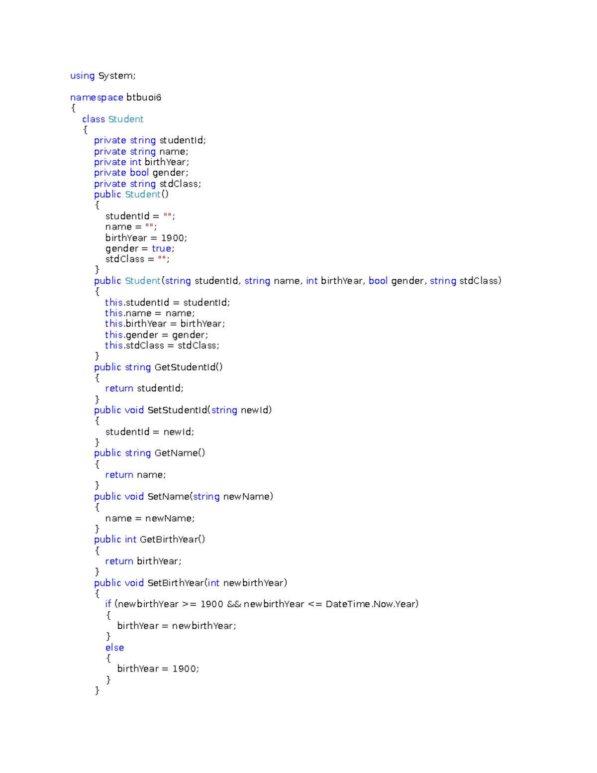 Btbuoi 6 - bài tập - using System; namespace btbuoi { class Student { private string studentId ...