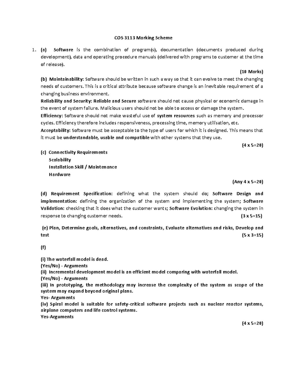 COS 3113 Marking Scheme-2018 - COS 3113 Marking Scheme (a) Software is ...