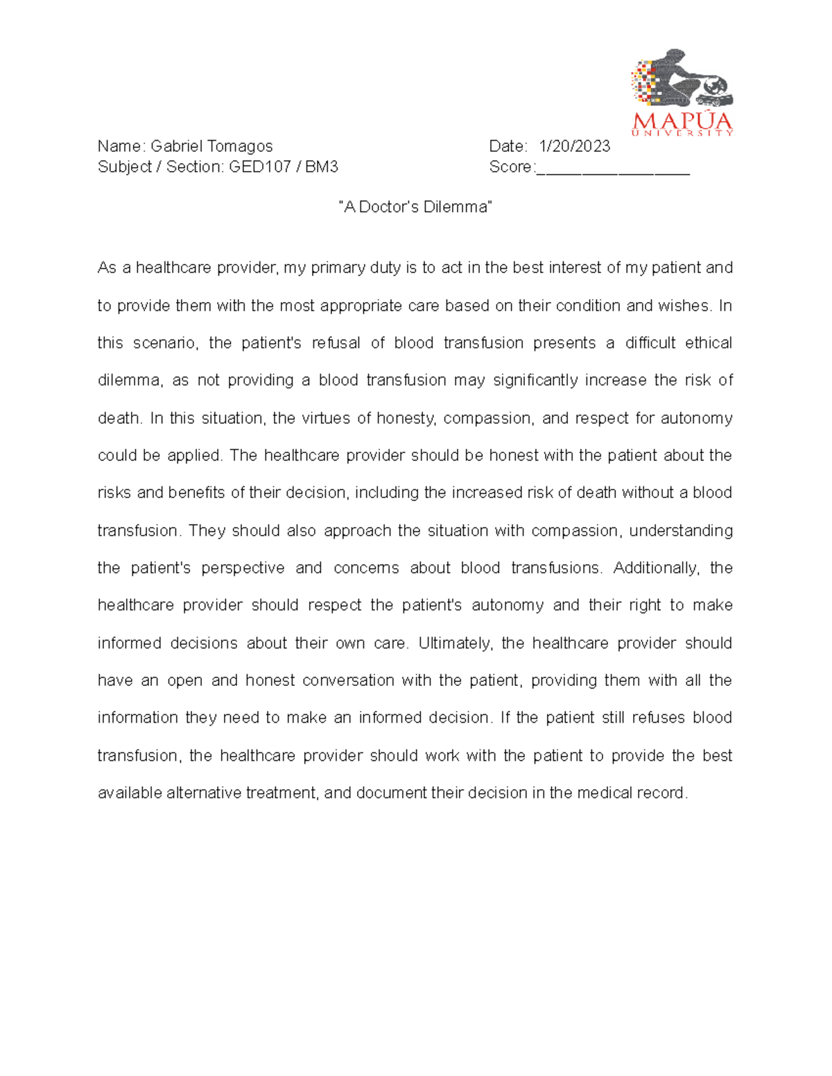 A Doctor's Dilemma - sheesh notesss this is - Name: Gabriel Tomagos ...