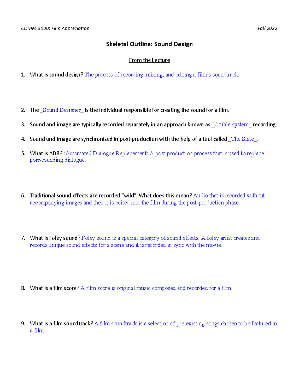 COMM 3000 - Quiz #5 - Skeletal Outline: Sound Design - COMM 3000: Film ...