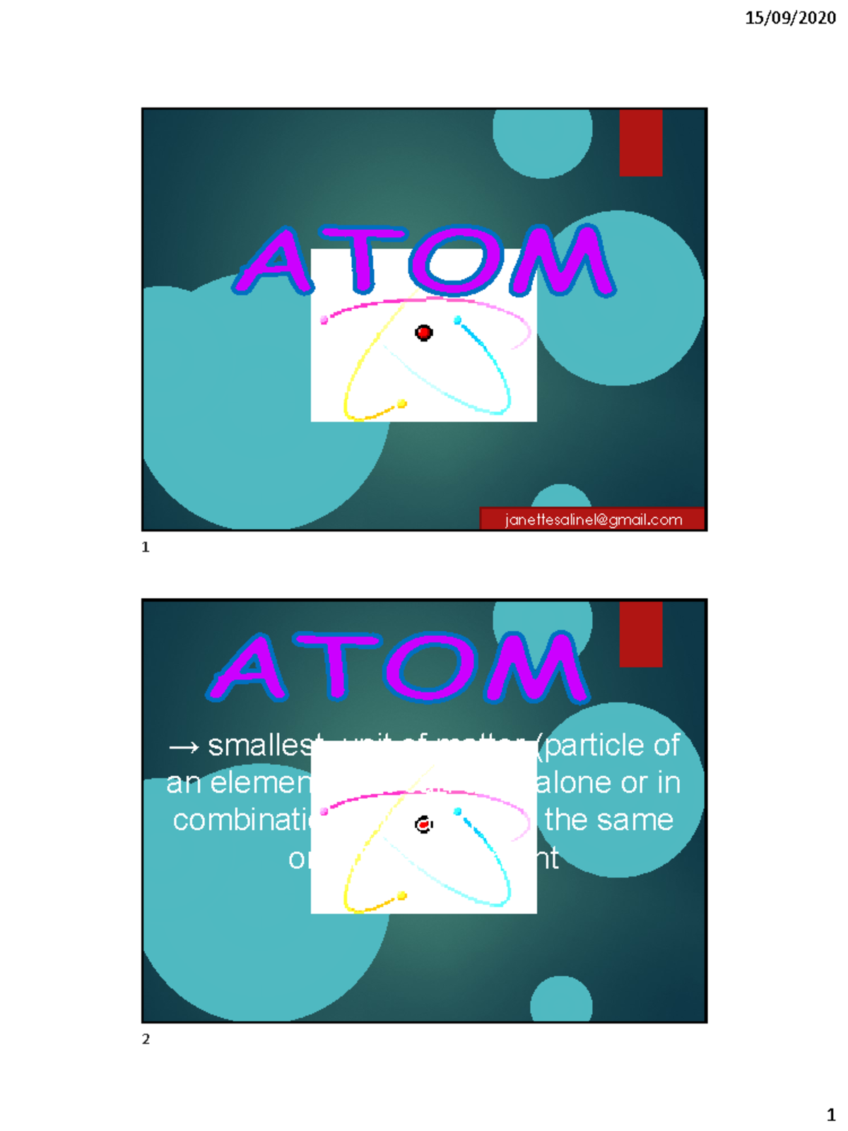 Atoms-1 - Atoms - 1 smallest unit of matter (particle of an element ...
