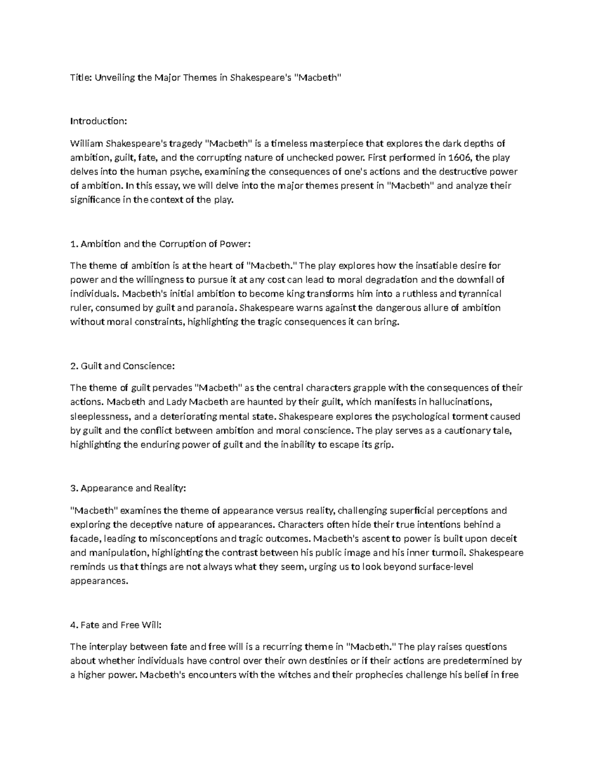 Macbeth Essay - Title: Unveiling the Major Themes in Shakespeare's ...