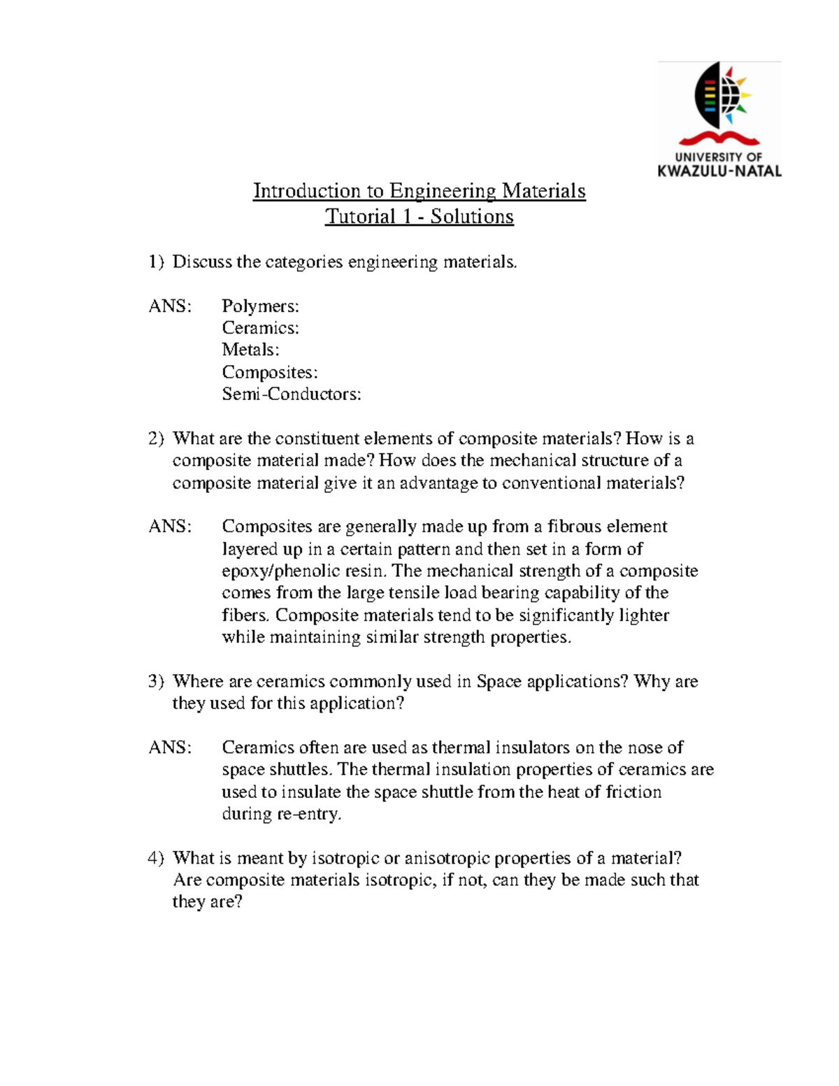 Tut 1 2014 Solutions - Tut 1 - Introduction to Engineering Materials ...